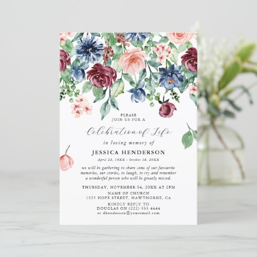 Elegant Watercolor Floral Celebration of Life Invitation | Zazzle