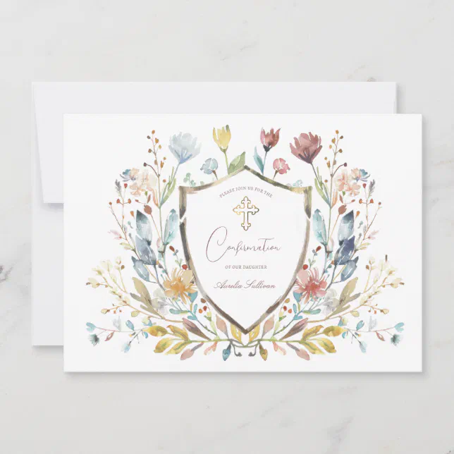 Elegant Watercolor Floral Crest Confirmation Invitation | Zazzle