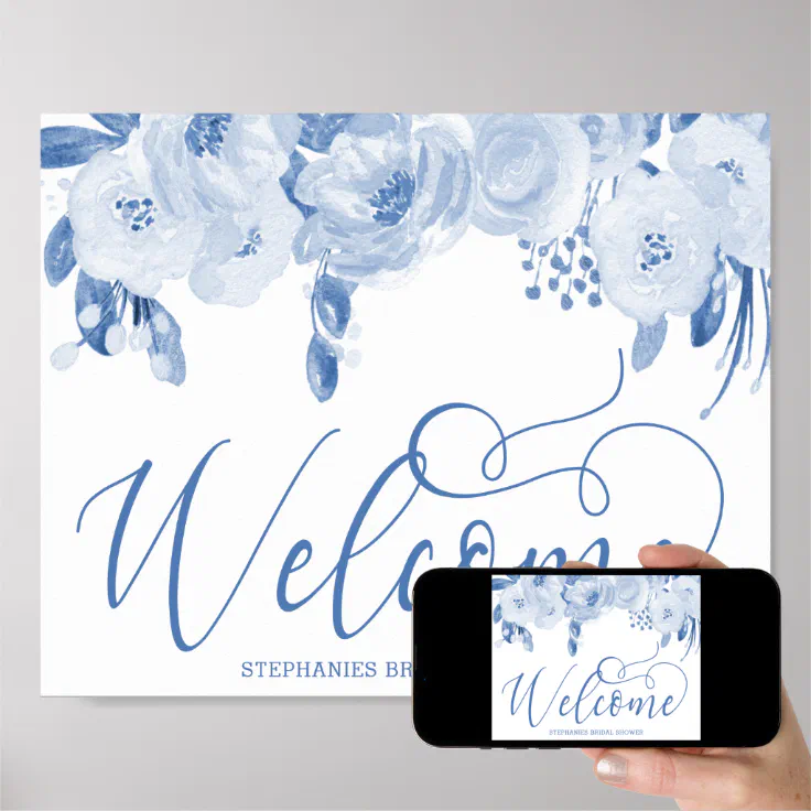 Elegant Watercolor Floral Dusty Blue Welcome Sign | Zazzle