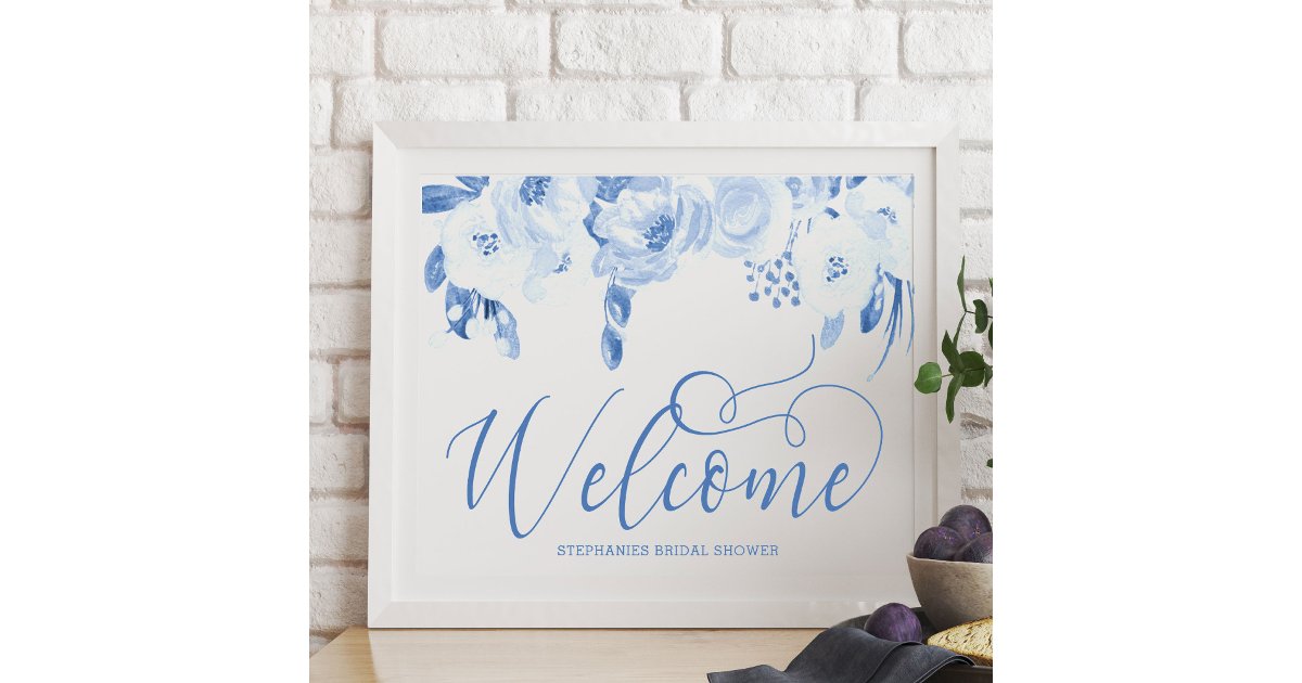 Elegant Watercolor Floral Dusty Blue Welcome Sign | Zazzle