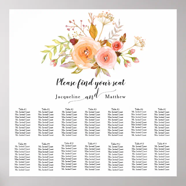 Elegant Watercolor Floral Foliage Seating Chart | Zazzle