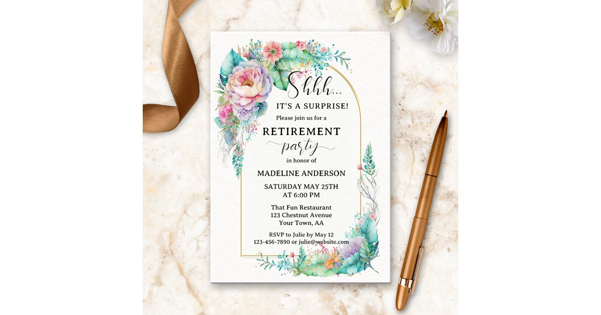 Elegant Watercolor Floral Gold Retirement Invitation | Zazzle