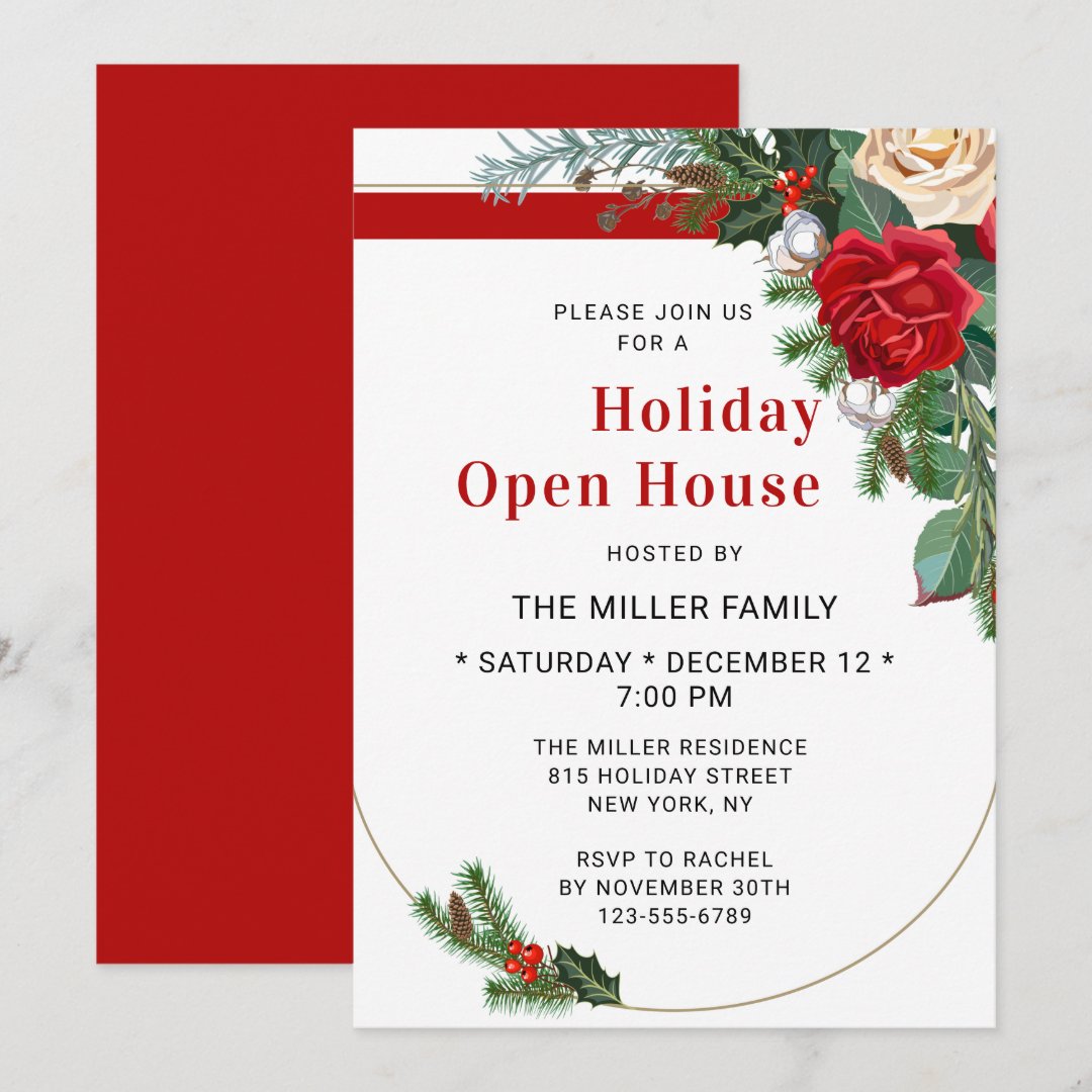 Elegant Watercolor Floral Holiday Open House Invitation | Zazzle