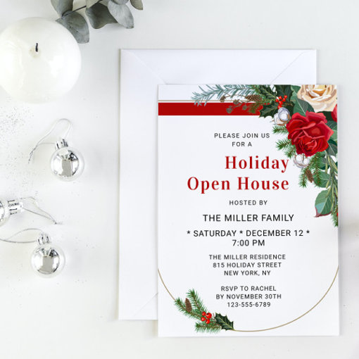 Elegant Watercolor Floral Holiday Open House Invitation | Zazzle