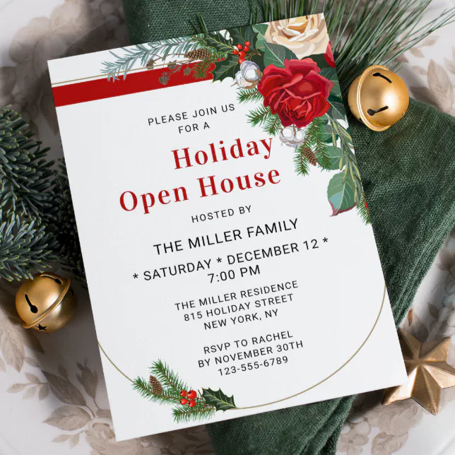 Elegant Watercolor Floral Holiday Open House Invitation | Zazzle