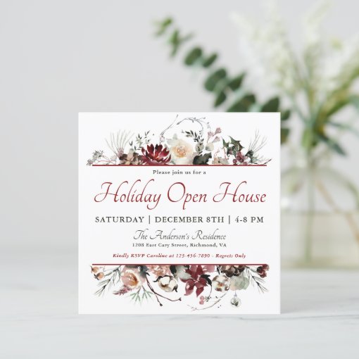Elegant Watercolor Floral Holiday Open House Invitation | Zazzle