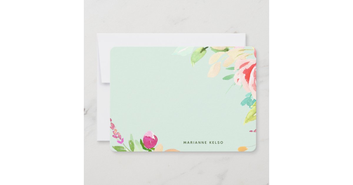 Elegant Watercolor Floral Personalized Mint Blue Note Card | Zazzle