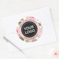 Elegant Watercolor Floral Pink Your Logo Slogan Classic Round Sticker ...