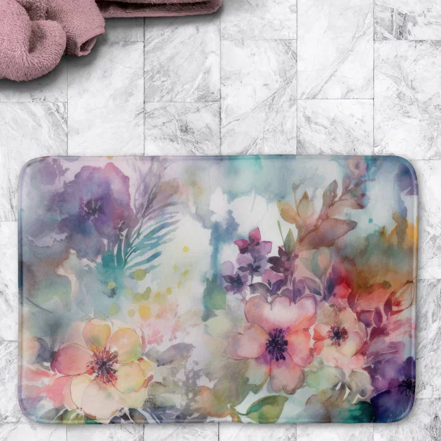 Elegant Watercolor Flowers Pattern Bath Mat | Zazzle