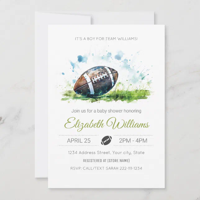 Elegant Watercolor Football Baby Shower Invitation | Zazzle