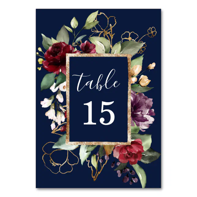 Elegant Watercolor Gold Deep Red Floral Navy Table Number | Zazzle