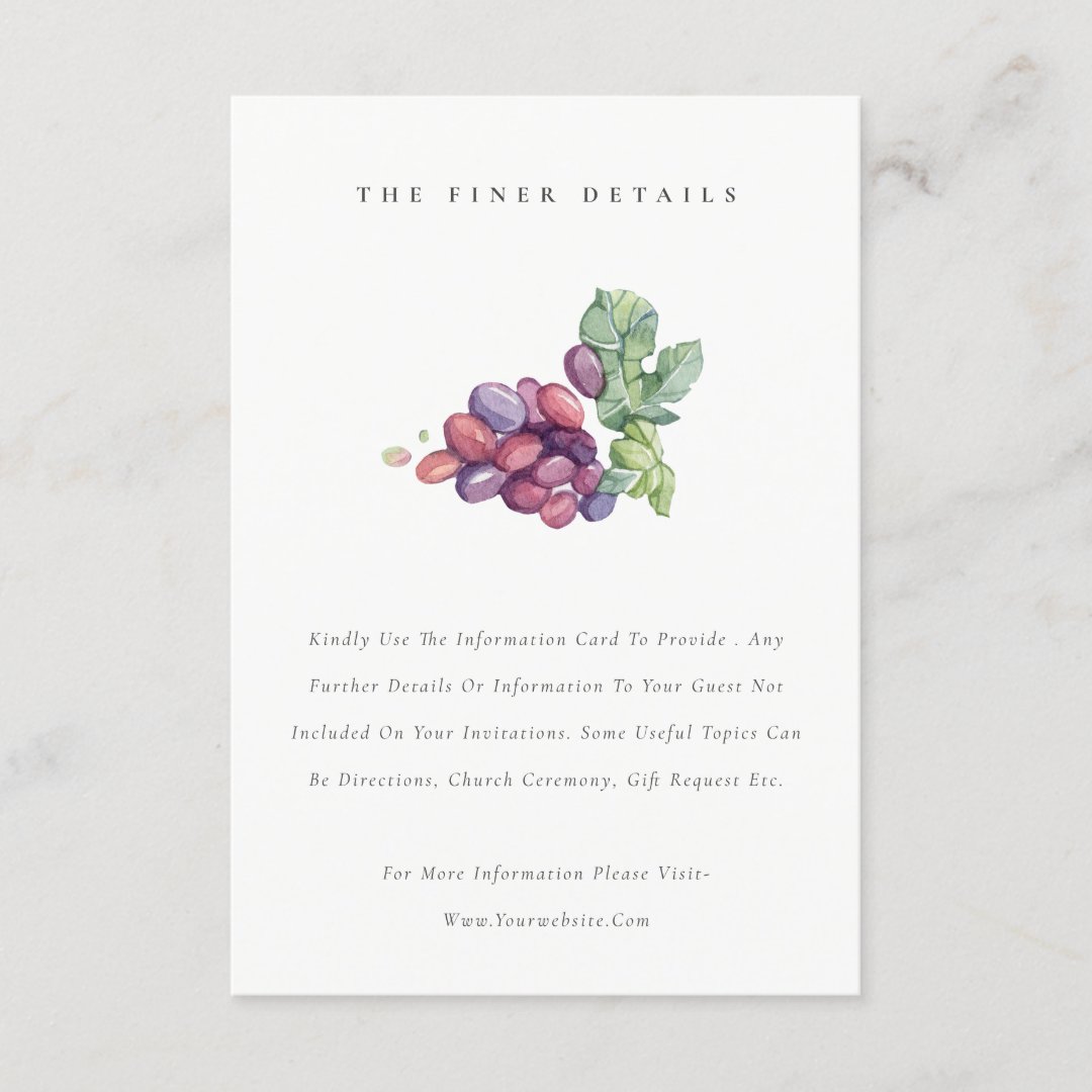 Elegant Watercolor Grape Foliage Wedding Detail Enclosure Card | Zazzle