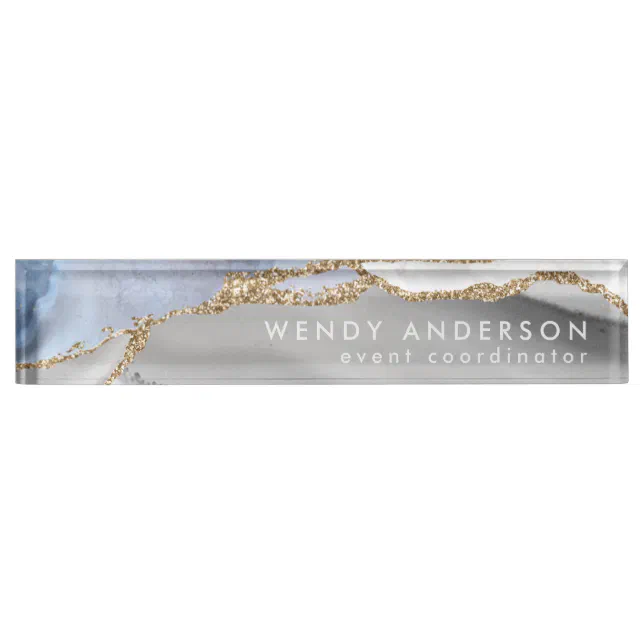 Elegant Watercolor Gray Gold Glitter Agate Desk Name Plate | Zazzle