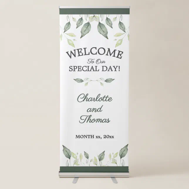Elegant Watercolor Green Leaves Wedding Welcome Retractable Banner | Zazzle