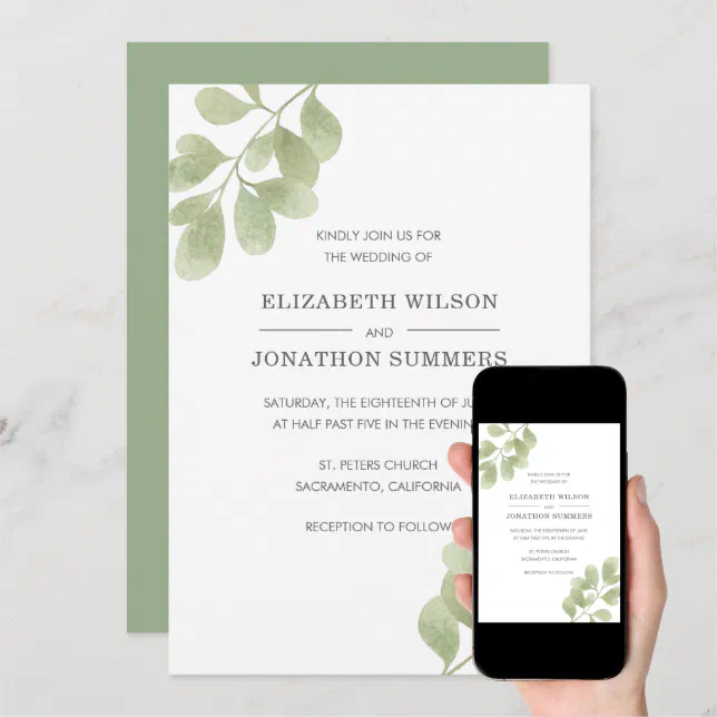 Elegant Watercolor Greenery Rustic Wedding Invitation | Zazzle