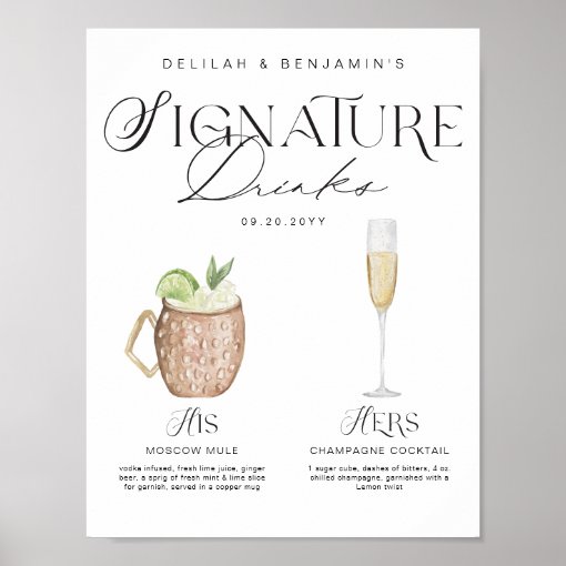 Elegant Watercolor His Her Signature Drink Wedding Poster | Zazzle