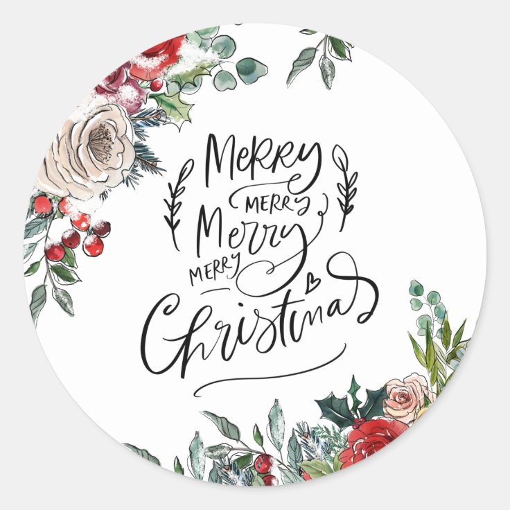 Elegant Watercolor Holly Floral Merry Christmas Classic Round Sticker ...