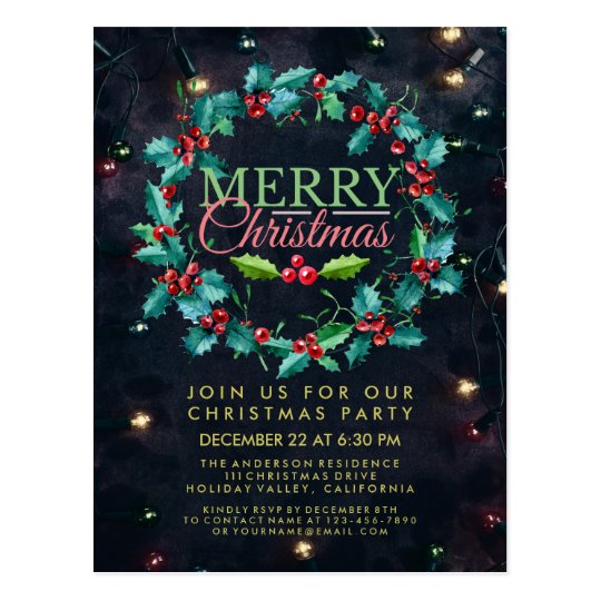 Elegant Watercolor Holly Wreath Christmas Party Postcard | Zazzle.com