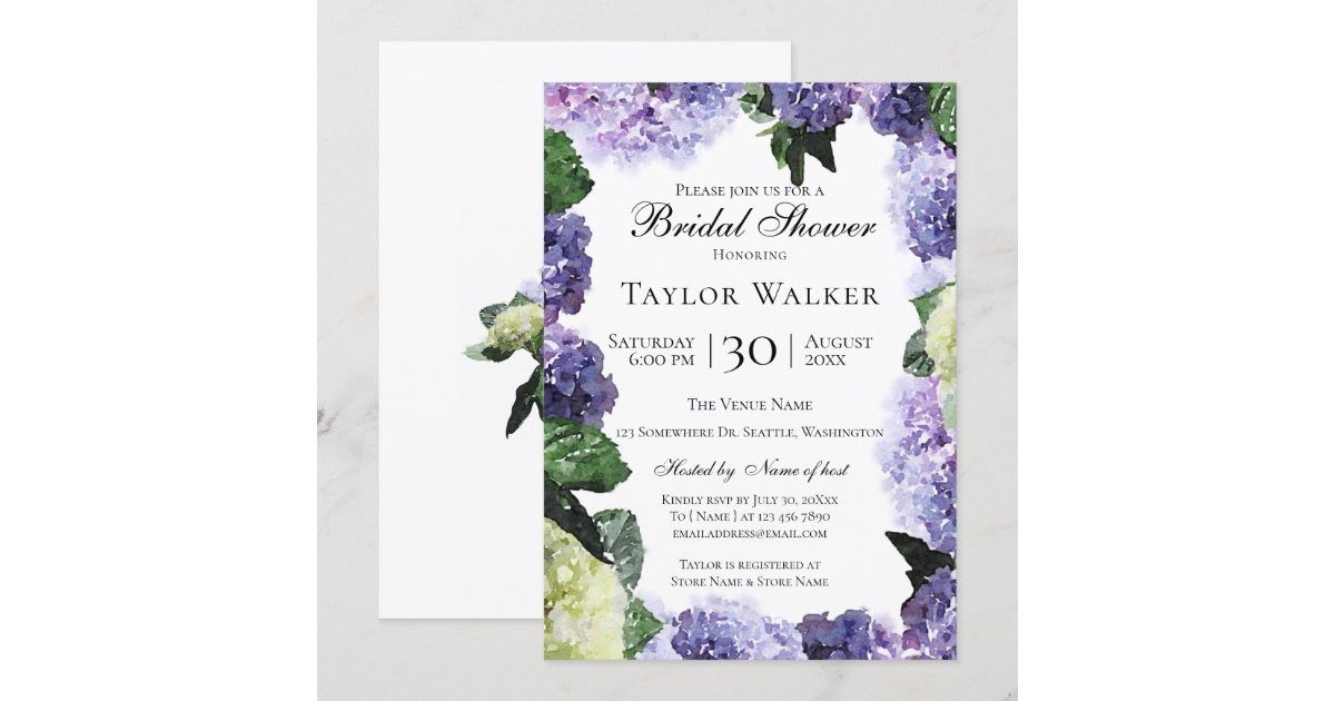 Elegant Watercolor Hydrangeas in Purple & Lavender Invitation | Zazzle