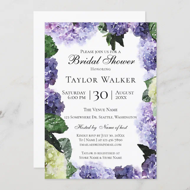 Elegant Watercolor Hydrangeas in Purple & Lavender Invitation | Zazzle