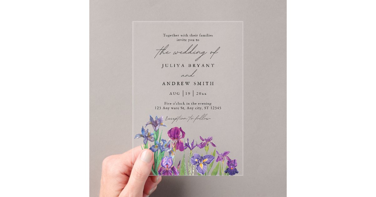 Elegant watercolor Iris in white script wedding Acrylic Invitations ...