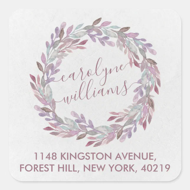 Elegant Watercolor Laurel Wreath Return Address Square Sticker | Zazzle