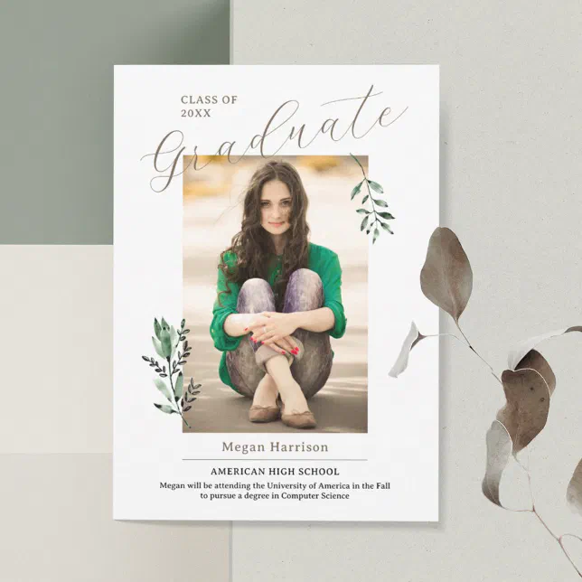 Elegant Watercolor Leaves Photo Graduation Invitation | Zazzle