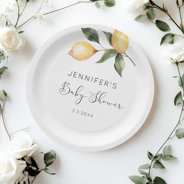 Elegant watercolor lemon baby shower paper plates | Zazzle