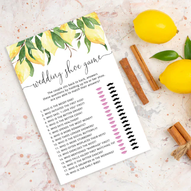Elegant Watercolor Lemon Wedding Shoe Game Card | Zazzle