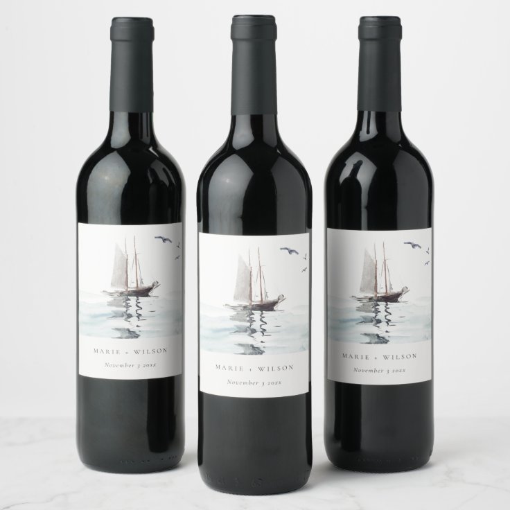 Elegant Watercolor Nautical Sailing Yacht Wedding Wine Label | Zazzle