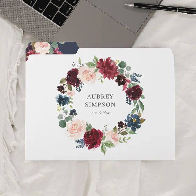 Elegant Watercolor Navy Blue Burgundy Flowers File Folder | Zazzle