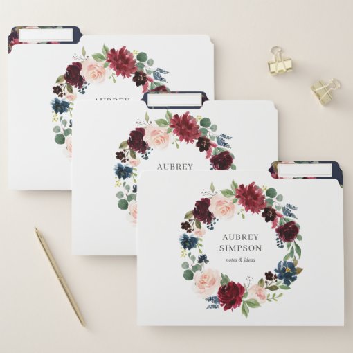 Elegant Watercolor Navy Blue Burgundy Flowers File Folder | Zazzle