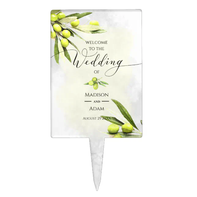 Elegant Watercolor Olive Branches Wedding Cake Topper | Zazzle