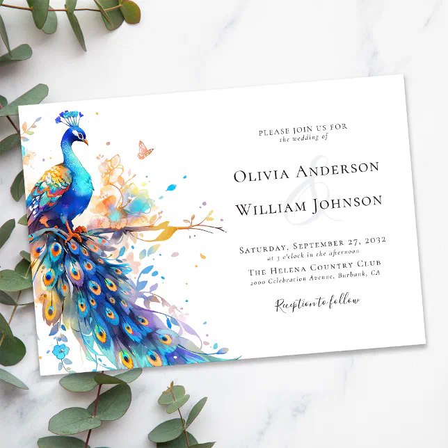 Elegant Watercolor Peacock Wedding Invitation | Zazzle