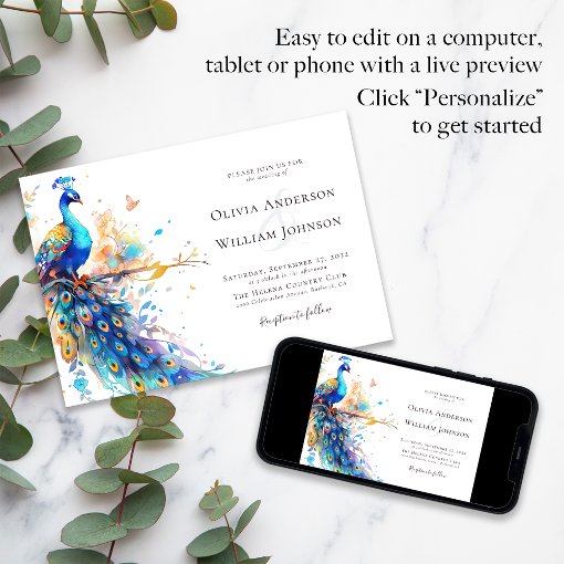 Elegant Watercolor Peacock Wedding Invitation | Zazzle
