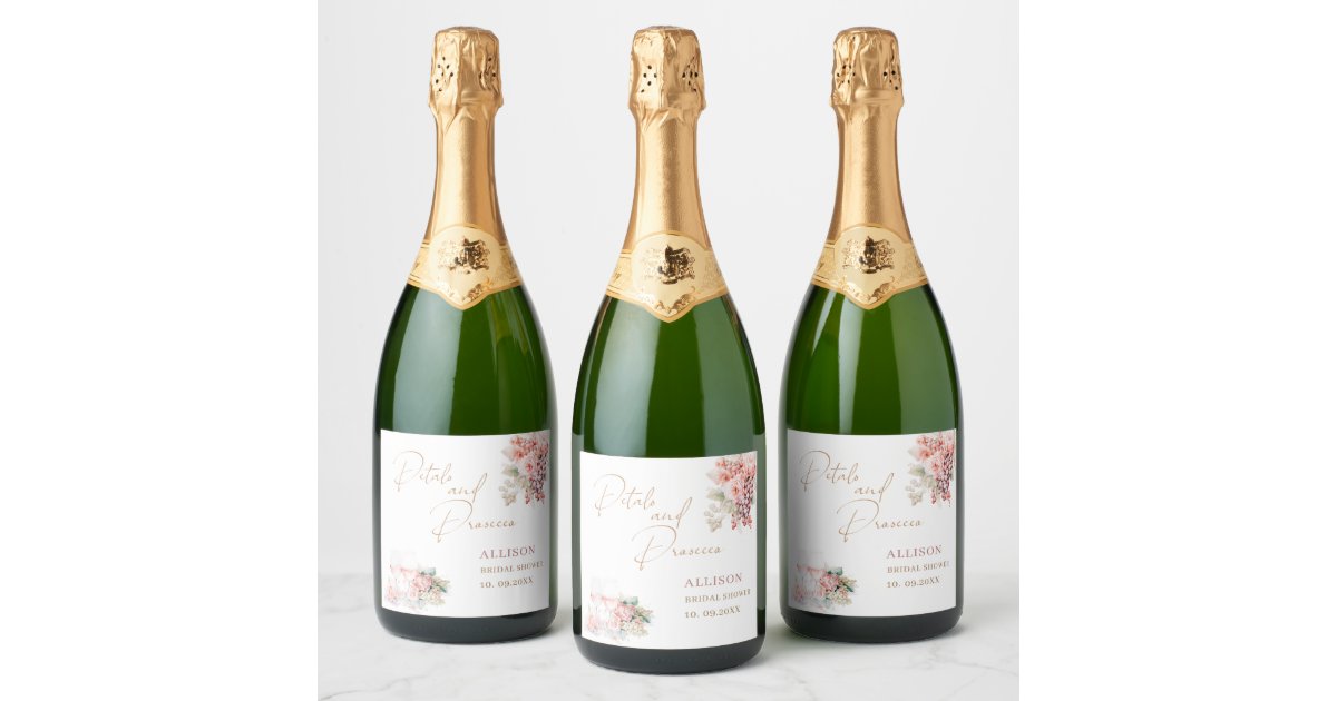 Elegant Watercolor Petals and Prosecco Bridal Show Sparkling Wine Label ...