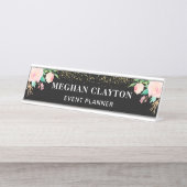 Elegant Watercolor Pink Floral Black Desk Name Plate | Zazzle