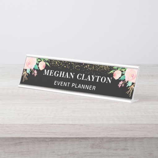 Elegant Watercolor Pink Floral Black Desk Name Plate | Zazzle