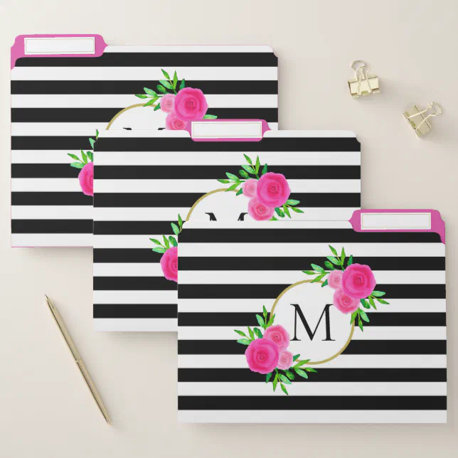 Elegant Watercolor Pink Floral Monogram Striped File Folder | Zazzle