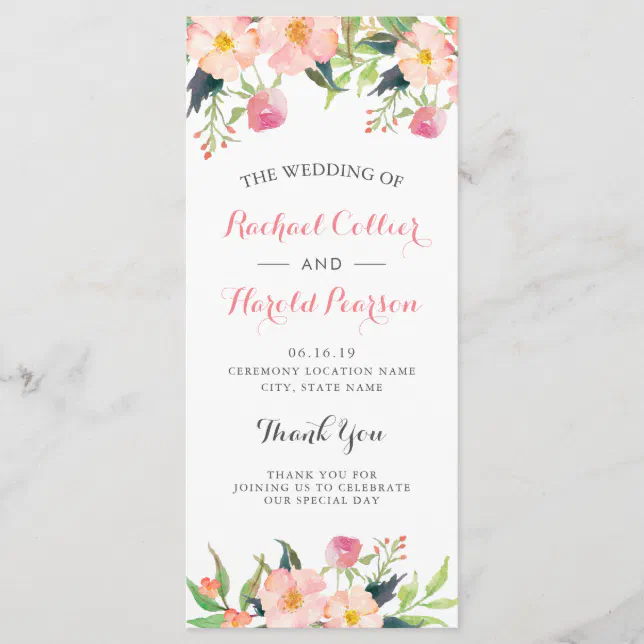 Elegant Watercolor Pink Floral Wedding Program | Zazzle