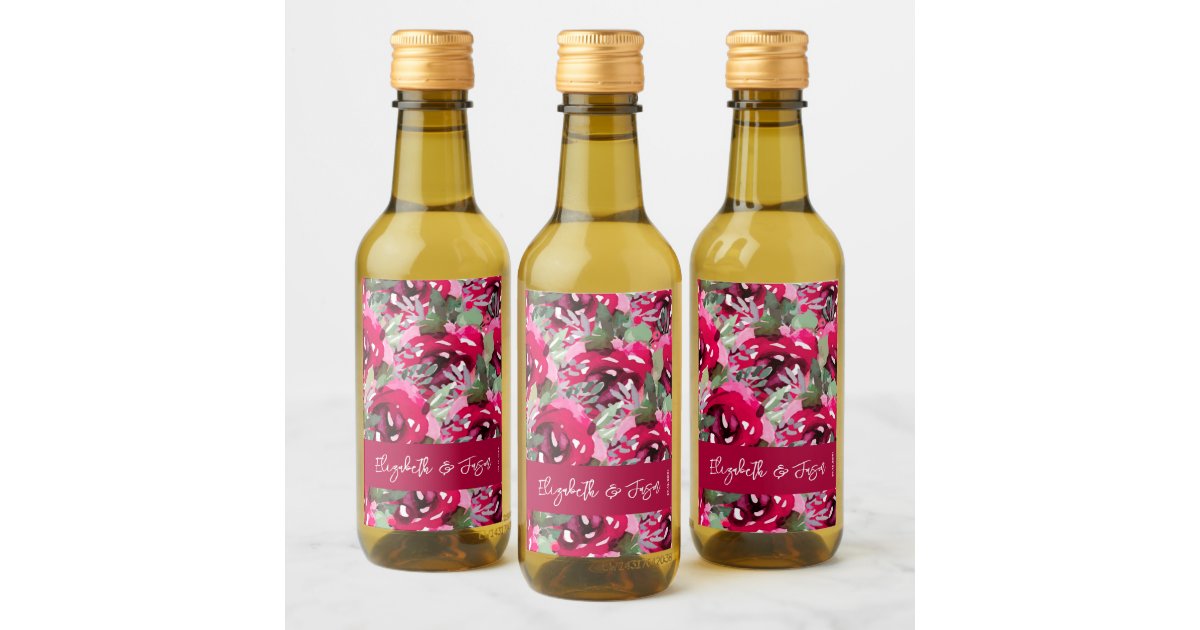 Elegant Watercolor Pink Flowers Wedding Mini Wine Label | Zazzle