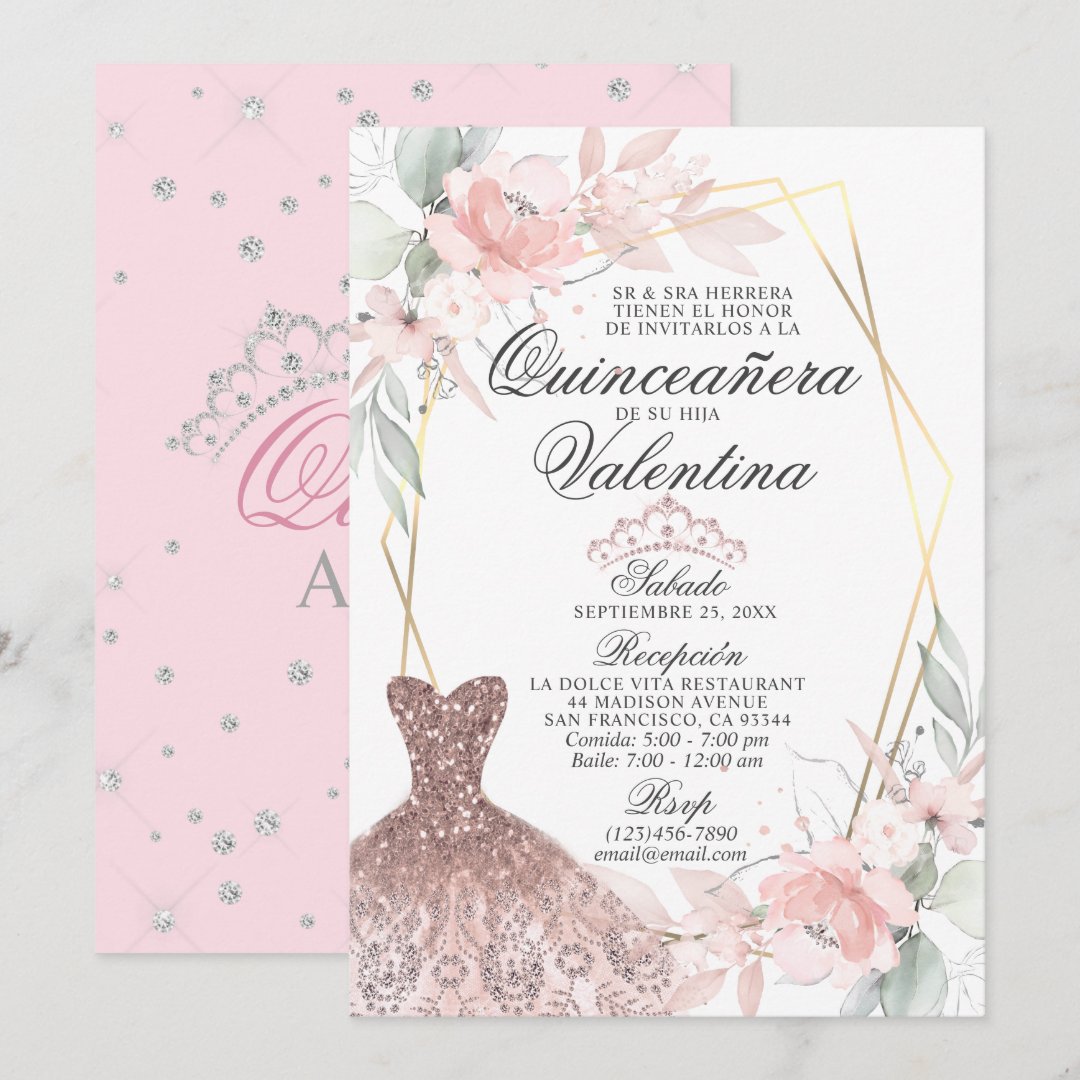 Elegant Watercolor Pink Spanish Quinceañera Quince Invitation | Zazzle