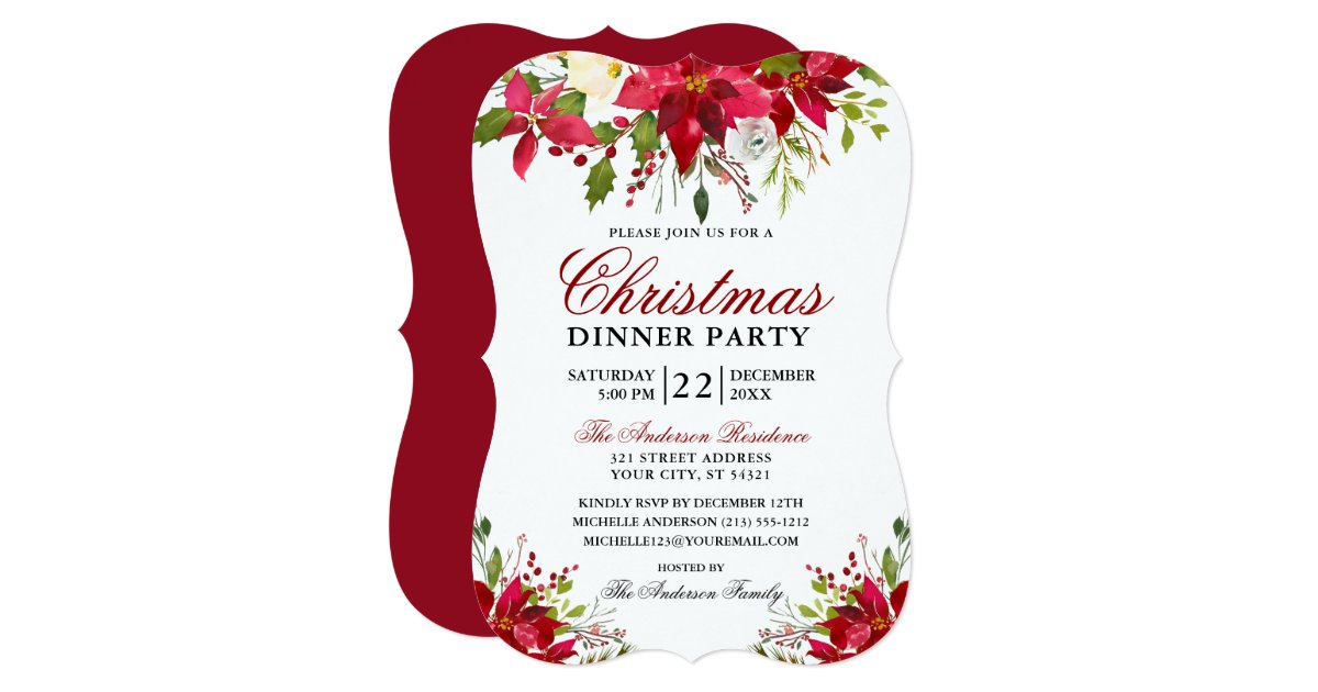 Elegant Watercolor Poinsettia Christmas Party Invitation | Zazzle.com