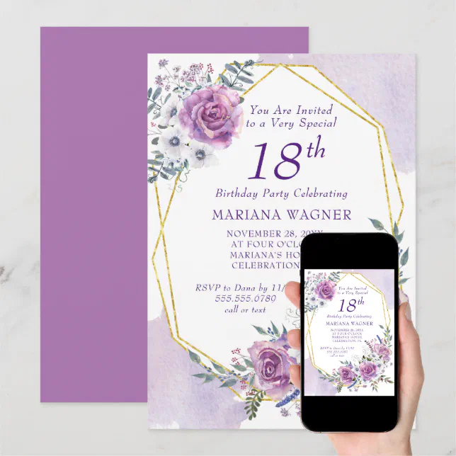Elegant Watercolor Purple Floral 18th Birthday Invitation | Zazzle
