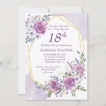 Elegant Watercolor Purple Floral 18th Birthday Invitation | Zazzle