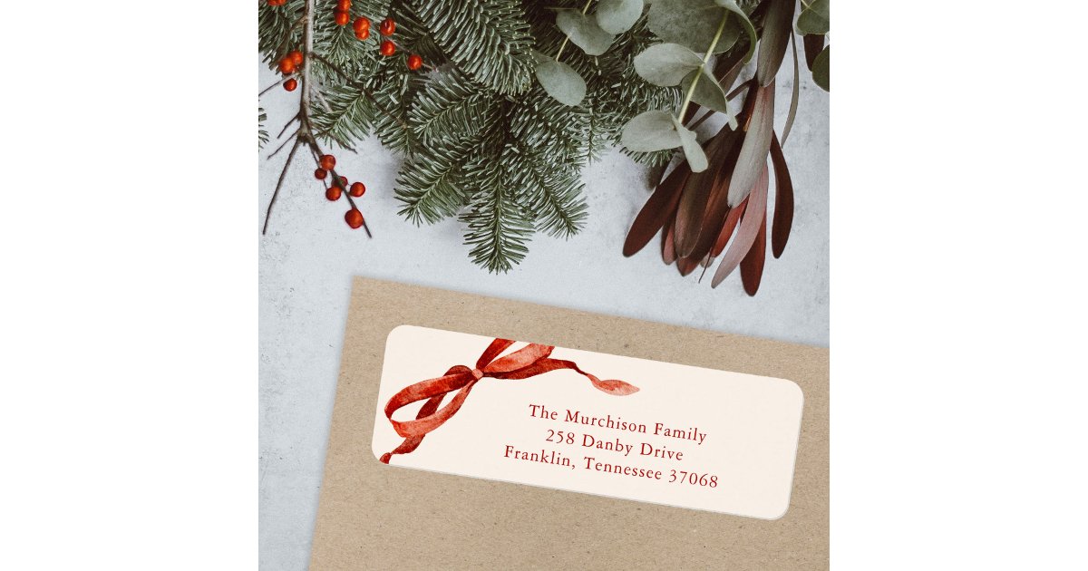 Elegant Watercolor Red Bow Christmas Address Label | Zazzle