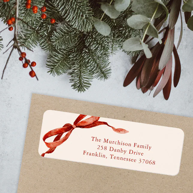 Elegant Watercolor Red Bow Christmas Address Label | Zazzle