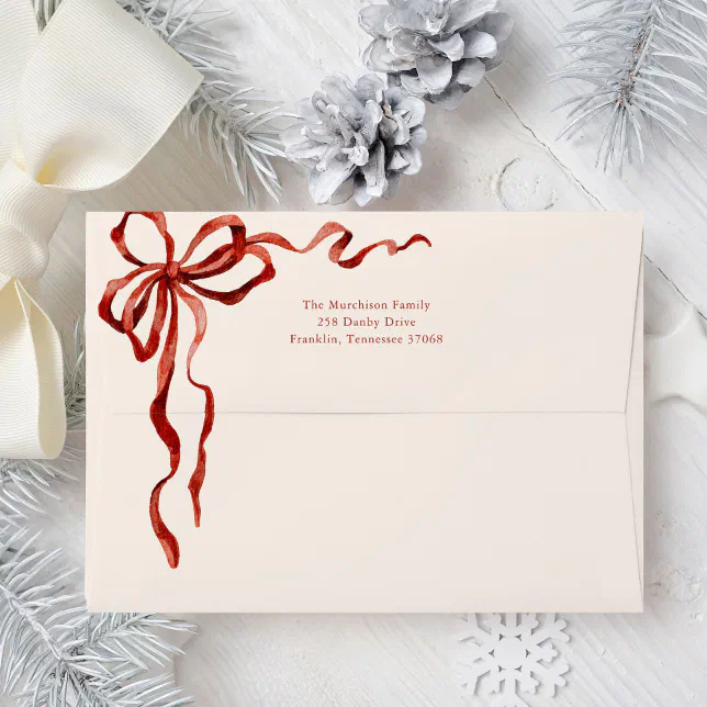 Elegant Watercolor Red Bow Christmas Holiday Envelope | Zazzle