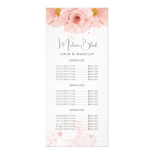 Elegant Watercolor Rose Gold Flowers Price List Rack Card | Zazzle