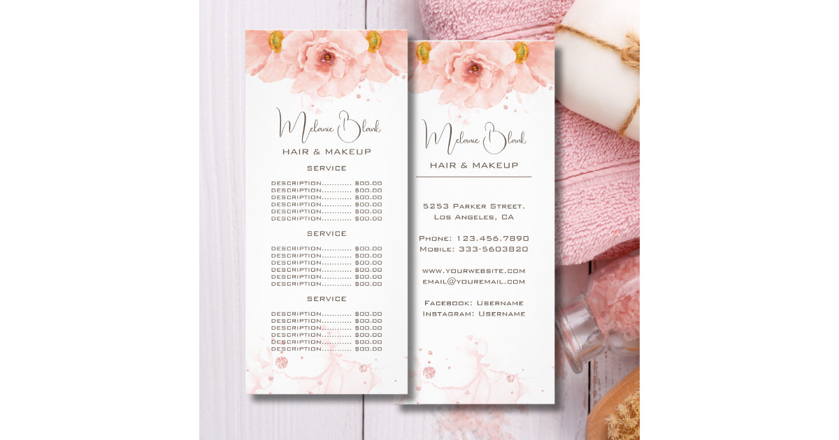 Elegant Watercolor Rose Gold Flowers Price List Rack Card | Zazzle